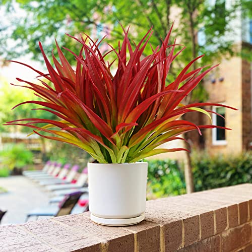 Phliofd 6Pcs Artificial Grass Fake Plants 17.3in Outdoor Plants UV Resistant Greenery Stems Fake Grass for Home Window Garden Office Patio Pathway Front Porch Christmas Décor Light Green & Red