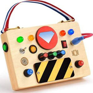 POLKRANE Montessori Toddler Busy Board Toy with LED Light - Wooden Sensory Toys with Switches for kids Gifts, Learning Toys for 1 2 3 4 Year Old Boys & Girls, baby fine motor skills toys & travel toys