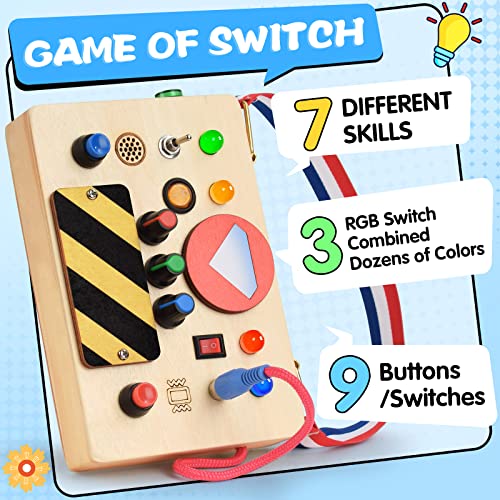 POLKRANE Montessori Toddler Busy Board Toy with LED Light - Wooden Sensory Toys with Switches for kids Gifts, Learning Toys for 1 2 3 4 Year Old Boys & Girls, baby fine motor skills toys & travel toys