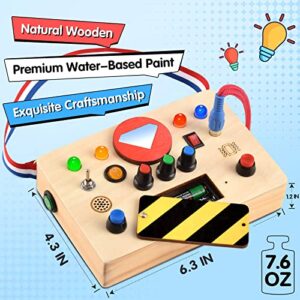 POLKRANE Montessori Toddler Busy Board Toy with LED Light - Wooden Sensory Toys with Switches for kids Gifts, Learning Toys for 1 2 3 4 Year Old Boys & Girls, baby fine motor skills toys & travel toys