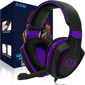 anivia computer over ear headphones wired with mic stereo gaming headset noise isolating headsets with volume control, bass surround, soft memory earmuffs for multi-platform -ah28plus black purple