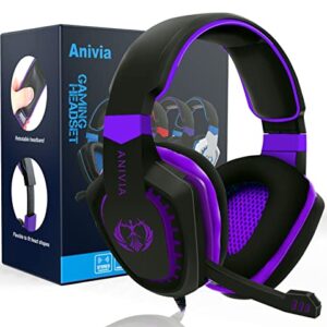 Anivia Computer Over Ear Headphones Wired with Mic Stereo Gaming Headset Noise Isolating Headsets with Volume Control, Bass Surround, Soft Memory Earmuffs for Multi-Platform -AH28plus Black Purple