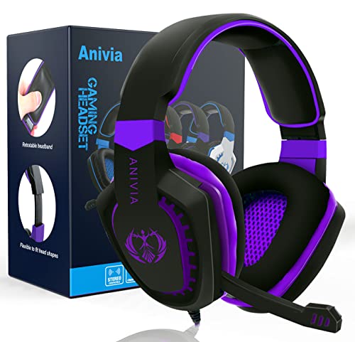 Anivia Computer Over Ear Headphones Wired with Mic Stereo Gaming Headset Noise Isolating Headsets with Volume Control, Bass Surround, Soft Memory Earmuffs for Multi-Platform -AH28plus Black Purple