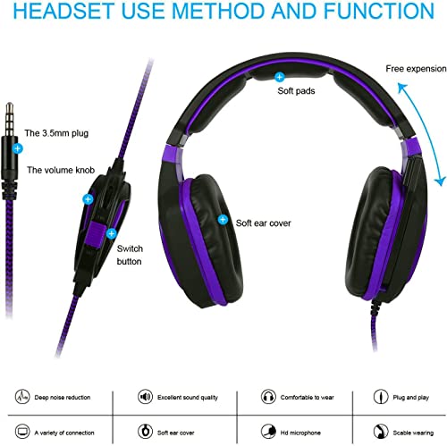 Anivia Computer Over Ear Headphones Wired with Mic Stereo Gaming Headset Noise Isolating Headsets with Volume Control, Bass Surround, Soft Memory Earmuffs for Multi-Platform -AH28plus Black Purple