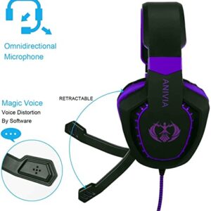 Anivia Computer Over Ear Headphones Wired with Mic Stereo Gaming Headset Noise Isolating Headsets with Volume Control, Bass Surround, Soft Memory Earmuffs for Multi-Platform -AH28plus Black Purple