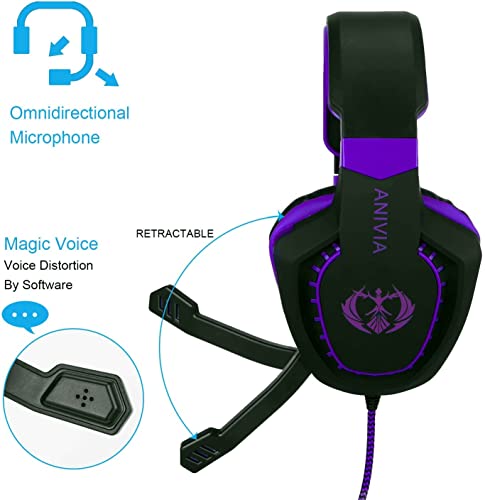 Anivia Computer Over Ear Headphones Wired with Mic Stereo Gaming Headset Noise Isolating Headsets with Volume Control, Bass Surround, Soft Memory Earmuffs for Multi-Platform -AH28plus Black Purple