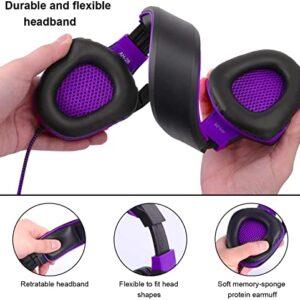 Anivia Computer Over Ear Headphones Wired with Mic Stereo Gaming Headset Noise Isolating Headsets with Volume Control, Bass Surround, Soft Memory Earmuffs for Multi-Platform -AH28plus Black Purple