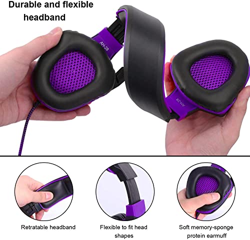 Anivia Computer Over Ear Headphones Wired with Mic Stereo Gaming Headset Noise Isolating Headsets with Volume Control, Bass Surround, Soft Memory Earmuffs for Multi-Platform -AH28plus Black Purple