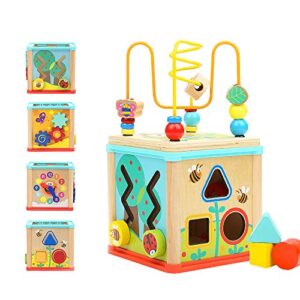 top bright activity cube toys for 1 year old boy girl, montessori wooden toys for toddlers, one year old first birthday gift, baby toy for 12-18 months with bead maze shape sorter