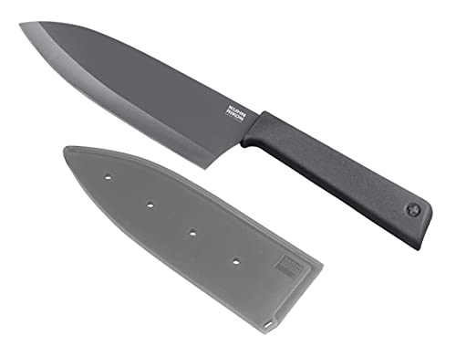 KUHN RIKON Colori+ Non-Stick Large Santoku Knife with Safety Sheath, 22 cm, Grey