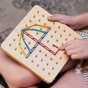 Panda Brothers Wooden Geoboard - Montessori Toys for 3 4 5 Year Old Kids and Toddlers, Educational Toy with 30 Pattern Cards and 40 Rubber Bands to Create Figures, Brain Teaser STEM Toy Geo Board