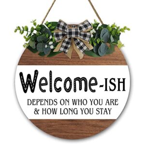 welcome sign for front door, christmas decorations, home decor, welcome round wood wreaths wall hanging for front door decor farmhouse christmas decor 12 inch (white)