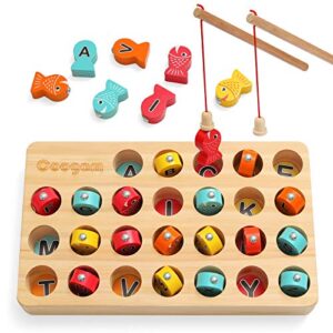 coogam wooden magnetic fishing game, fine motor skill toy abc alphabet color sorting puzzle, montessori letters cognition preschool gift for years old kid early learning with 2 pole