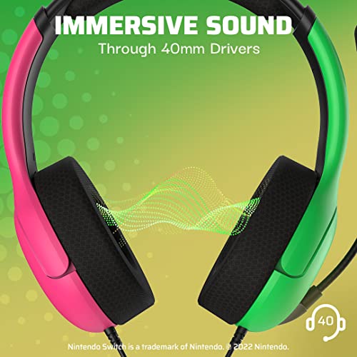 PDP Gaming LVL40 Stereo Headset with Mic for Nintendo Switch - PC, iPad, Mac, Laptop Compatible - Noise Cancelling Microphone, Lightweight, Soft Comfort On Ear Headphones - Splatoon 2 Pink & Green