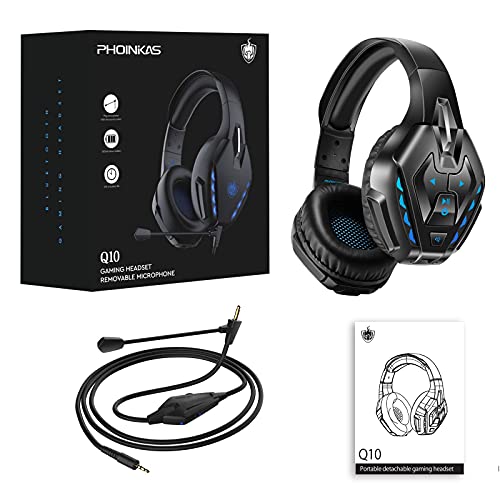 PHOINIKAS Wireless Bluetooth Gaming Headset, Stereo Over Ear Headphones with Detachable Noise Canceling Mic, 3.5mm Cable Wired for PS4, Xbox One, PC, Nintendo Switch, Bluetooth for Phone, up to 40h