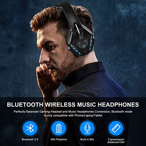 PHOINIKAS Wireless Bluetooth Gaming Headset, Stereo Over Ear Headphones with Detachable Noise Canceling Mic, 3.5mm Cable Wired for PS4, Xbox One, PC, Nintendo Switch, Bluetooth for Phone, up to 40h