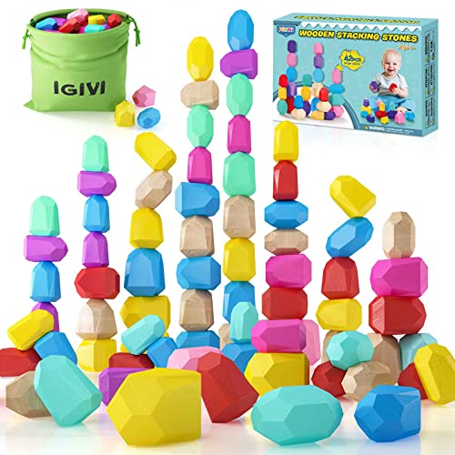 IGIVI Montessori Toys for 1 2 3 Year Old Boys & Girls, Wooden Stacking Sorting Rocks Balancing Stone, Preschool Educational Sensory Toys for Toddlers, Birthday Gifts for Kids Toys Ages 2-4 5-7