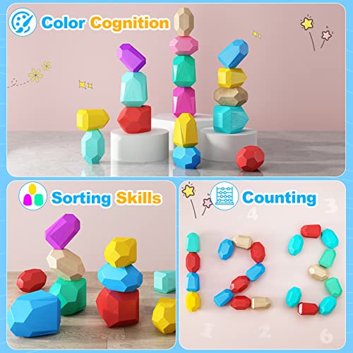 IGIVI Montessori Toys for 1 2 3 Year Old Boys & Girls, Wooden Stacking Sorting Rocks Balancing Stone, Preschool Educational Sensory Toys for Toddlers, Birthday Gifts for Kids Toys Ages 2-4 5-7