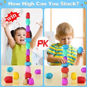 IGIVI Montessori Toys for 1 2 3 Year Old Boys & Girls, Wooden Stacking Sorting Rocks Balancing Stone, Preschool Educational Sensory Toys for Toddlers, Birthday Gifts for Kids Toys Ages 2-4 5-7