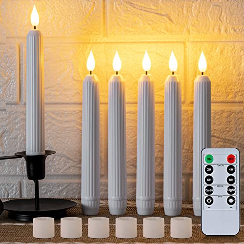 5plots White Flameless Taper Candles with Remote, Timer, Roman Column Led Taper Candles Battery Operated, Led Candlesticks with 3D Flame, 6 Flameless Taper Candles Flickering for Home Christmas Decor