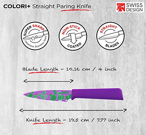 KUHN RIKON Tropics Cactus Colori+ Non-Stick Straight Paring Knife with Safety Sheath, Stainless Steel