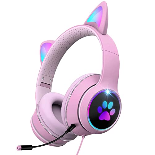 Atrasee Stereo Gaming Headset for PS4 PC PS5 Xbox One Nintendo Switch, Wired Cat Ear Headphones with Mic, Surround Bass, Soft Earmuffs, Noise Cancelling Over Ear Headphones for Girls Kids, Pink