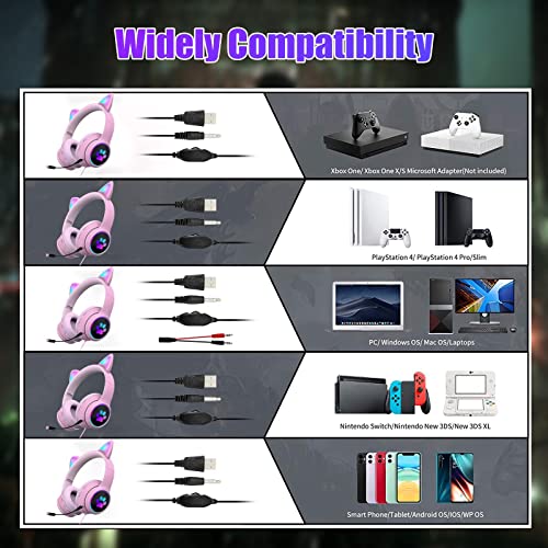 Atrasee Stereo Gaming Headset for PS4 PC PS5 Xbox One Nintendo Switch, Wired Cat Ear Headphones with Mic, Surround Bass, Soft Earmuffs, Noise Cancelling Over Ear Headphones for Girls Kids, Pink