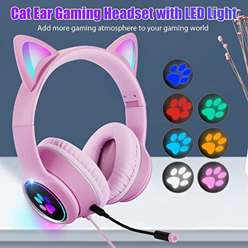 Atrasee Stereo Gaming Headset for PS4 PC PS5 Xbox One Nintendo Switch, Wired Cat Ear Headphones with Mic, Surround Bass, Soft Earmuffs, Noise Cancelling Over Ear Headphones for Girls Kids, Pink