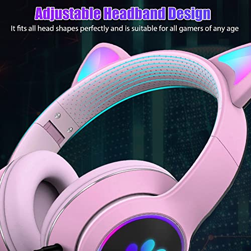 Atrasee Stereo Gaming Headset for PS4 PC PS5 Xbox One Nintendo Switch, Wired Cat Ear Headphones with Mic, Surround Bass, Soft Earmuffs, Noise Cancelling Over Ear Headphones for Girls Kids, Pink