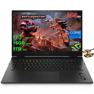 hp omen 17 gaming laptop 17.3” fhd ips 144hz 7ms (300 nits, 100% srgb, micro-edge) 11th gen intel 8-core i7-11800h 16gb ram 1tb ssd geforce rtx 3060 6gb thunderbolt rgb backlit black + hdmi cable