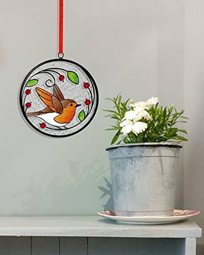 Bird Stained Glass Suncatcher Robin Bluebird Hand Painted Ornament Wall Window Hanging Double Side Redbreast Decor Birthday Lover Gift Box for Mom Grandma Teacher Women Friend with Memorial Card