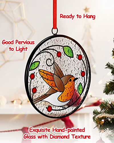 Bird Stained Glass Suncatcher Robin Bluebird Hand Painted Ornament Wall Window Hanging Double Side Redbreast Decor Birthday Lover Gift Box for Mom Grandma Teacher Women Friend with Memorial Card