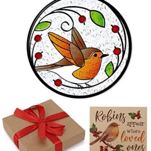 Bird Stained Glass Suncatcher Robin Bluebird Hand Painted Ornament Wall Window Hanging Double Side Redbreast Decor Birthday Lover Gift Box for Mom Grandma Teacher Women Friend with Memorial Card