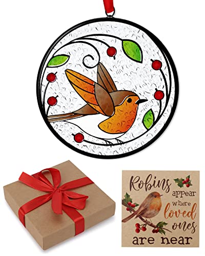 Bird Stained Glass Suncatcher Robin Bluebird Hand Painted Ornament Wall Window Hanging Double Side Redbreast Decor Birthday Lover Gift Box for Mom Grandma Teacher Women Friend with Memorial Card