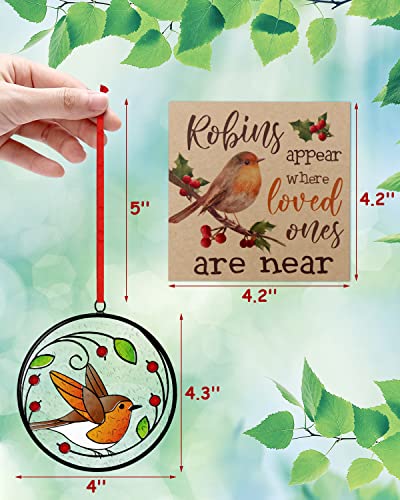 Bird Stained Glass Suncatcher Robin Bluebird Hand Painted Ornament Wall Window Hanging Double Side Redbreast Decor Birthday Lover Gift Box for Mom Grandma Teacher Women Friend with Memorial Card