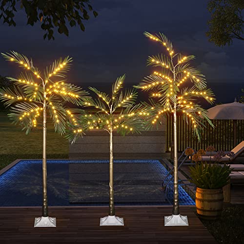 Lamerge Lighted Palm Tree Pack of 3, 4FT 5FT and 6FT Artificial Palm Tree, 69+79+119 LED Lights, Decoration for Outdoor and Indoors Festival Holiday Christmas Patio Pool, Green (Christmas Tree004)