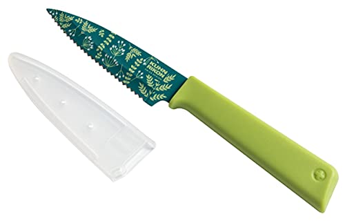 KUHN RIKON 22767 Colori+ Non-Stick Serrated Paring Knife with Safety Sheath, 19 cm, Herb