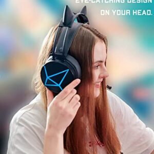 Cat Ear Headphones with Noise Canceling Microphone and Surround Sound, Gaming Headset with Removable Cat Ears, LED Lights, Compatible with PC, Xbox One, PS4, PS5, Switch, Black Gamer Headset Wired