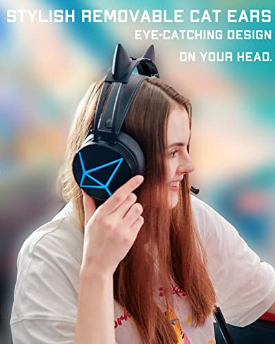 Cat Ear Headphones with Noise Canceling Microphone and Surround Sound, Gaming Headset with Removable Cat Ears, LED Lights, Compatible with PC, Xbox One, PS4, PS5, Switch, Black Gamer Headset Wired