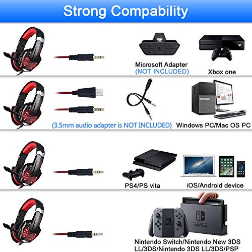 BlueFire Stereo Gaming Headset for PS4, PS5, PC, Xbox One, Noise Cancelling Over Ear Headphones with Mic, LED Light, Bass Surround, Soft Memory Earmuffs for Laptop Nintendo Switch (Black-Red)