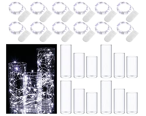 Clear Glass Vases Cylinder Vases for Centerpieces and 10 ft 30 LED White Fairy Lights Battery Operated Mini String Lights for Jar DIY Wedding Party Home Table Christmas Decor (4 Set)