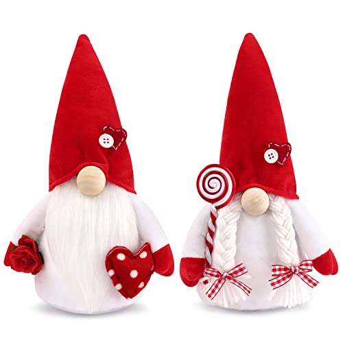 Ndeno 2PCS Valentines Day Gnome Plush Decorations, Handmade Scandinavian Tomte - Valentines Christmas Home Tabletop Elf Gnomes Decor Ornaments - Sweet Valentines Gift (Valentine-Lollipop)