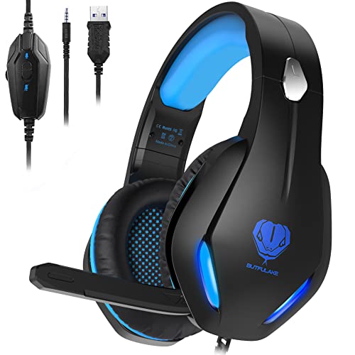 HaiDiKaiSi Gaming Headset for PS4 PC Xbox One PS5 Controller, Noise Cancelling Over Ear Headphones with Mic, Gaming Headphones for Laptop Mac Switch with LED Lights Deep Bass for Kids Adults Blue