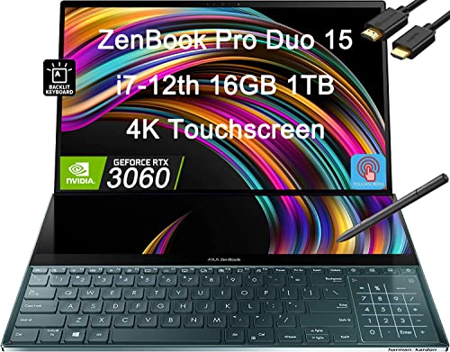 ASUS ZenBook Pro Duo 15 UX582 15.6" 4K OLED Touchscreen (Intel 14-Core i7-12700H, 16GB DDR5 RAM, 1TB SSD, GeForce RTX 3060 6GB) Business Laptop, ScreenPad Plus, Backlit, IST HDMI, Stylus, Win 11 Pro