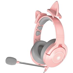 phoinikas wireless gaming headset with cute cat ears, wired for ps5, ps4, pc, nintendo switch, q9 over ear kitty headphones with detachable mic, bluetooth headphones for phone, gift for girls (pink)