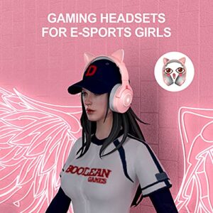 PHOINIKAS Wireless Gaming Headset with Cute Cat Ears, Wired for PS5, PS4, PC, Nintendo Switch, Q9 Over Ear Kitty Headphones with Detachable Mic, Bluetooth Headphones for Phone, Gift for Girls (Pink)