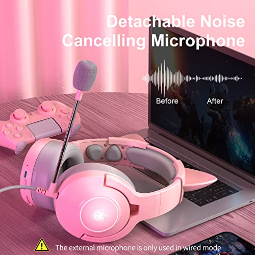 PHOINIKAS Wireless Gaming Headset with Cute Cat Ears, Wired for PS5, PS4, PC, Nintendo Switch, Q9 Over Ear Kitty Headphones with Detachable Mic, Bluetooth Headphones for Phone, Gift for Girls (Pink)