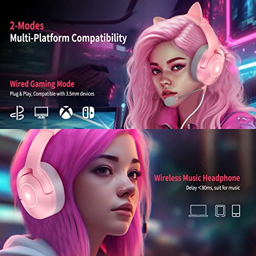 PHOINIKAS Wireless Gaming Headset with Cute Cat Ears, Wired for PS5, PS4, PC, Nintendo Switch, Q9 Over Ear Kitty Headphones with Detachable Mic, Bluetooth Headphones for Phone, Gift for Girls (Pink)