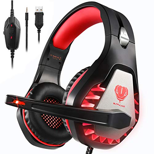 BUTFULAKE GH-1 Gaming Headset for PS5, PS4, Xbox One, Xbox One S, PC, Nintendo Switch, Mac, Laptop, 3.5mm Wired Pro Stereo Over Ear Gaming Headphones with Noise Cancelling Mic, LED Light (red)