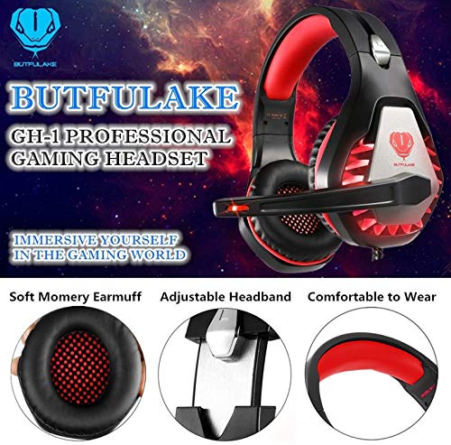 BUTFULAKE GH-1 Gaming Headset for PS5, PS4, Xbox One, Xbox One S, PC, Nintendo Switch, Mac, Laptop, 3.5mm Wired Pro Stereo Over Ear Gaming Headphones with Noise Cancelling Mic, LED Light (red)